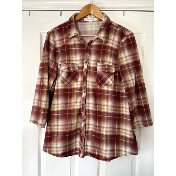 Eden & Olivia | Tops | Eden Olivia Sz L Button Up Rust Gold Green Plaid ...
